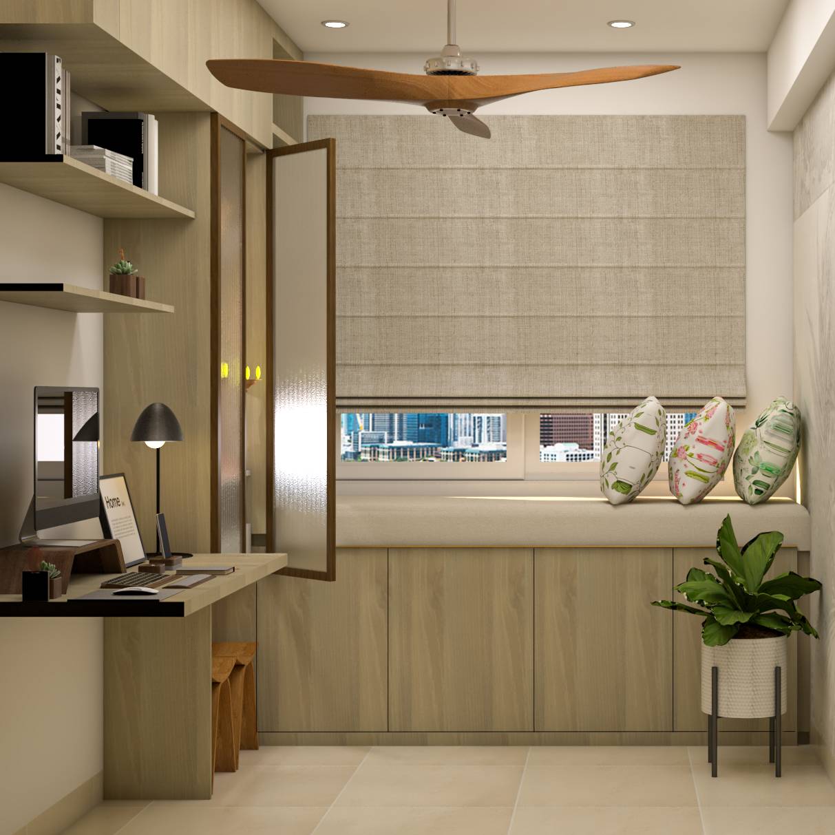 Spacious Home Office Design With Multiple Open Ledges And Storage ...