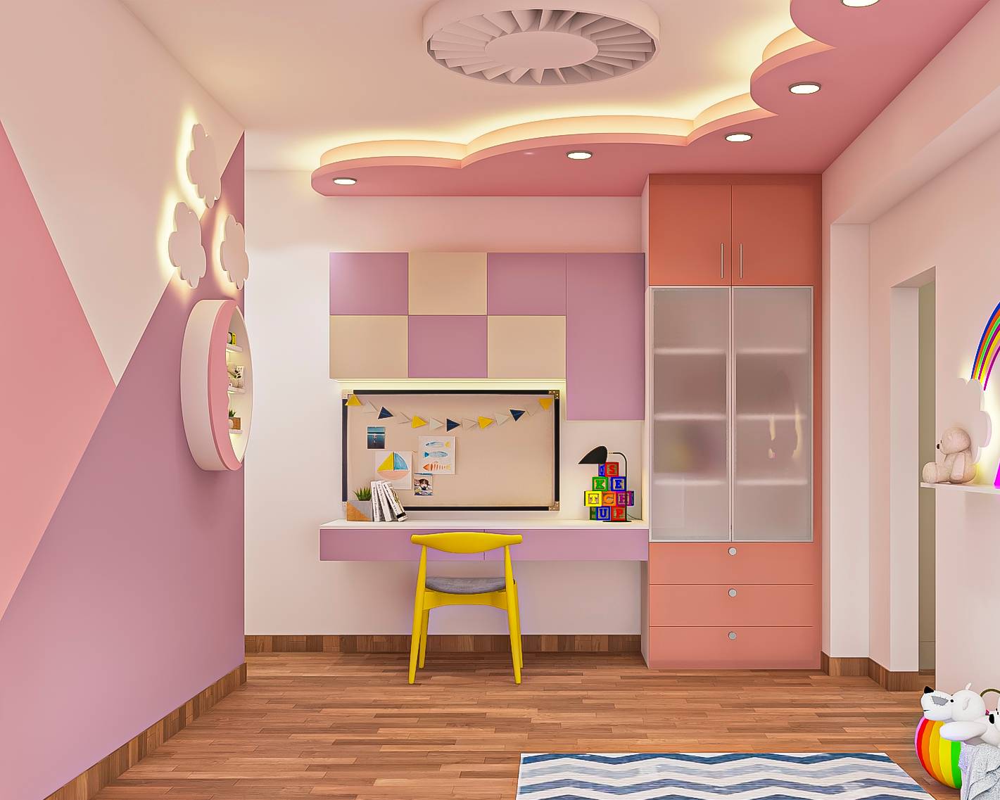 Pink Kid's Bedroom Design With Rainbow Shelf | Livspace
