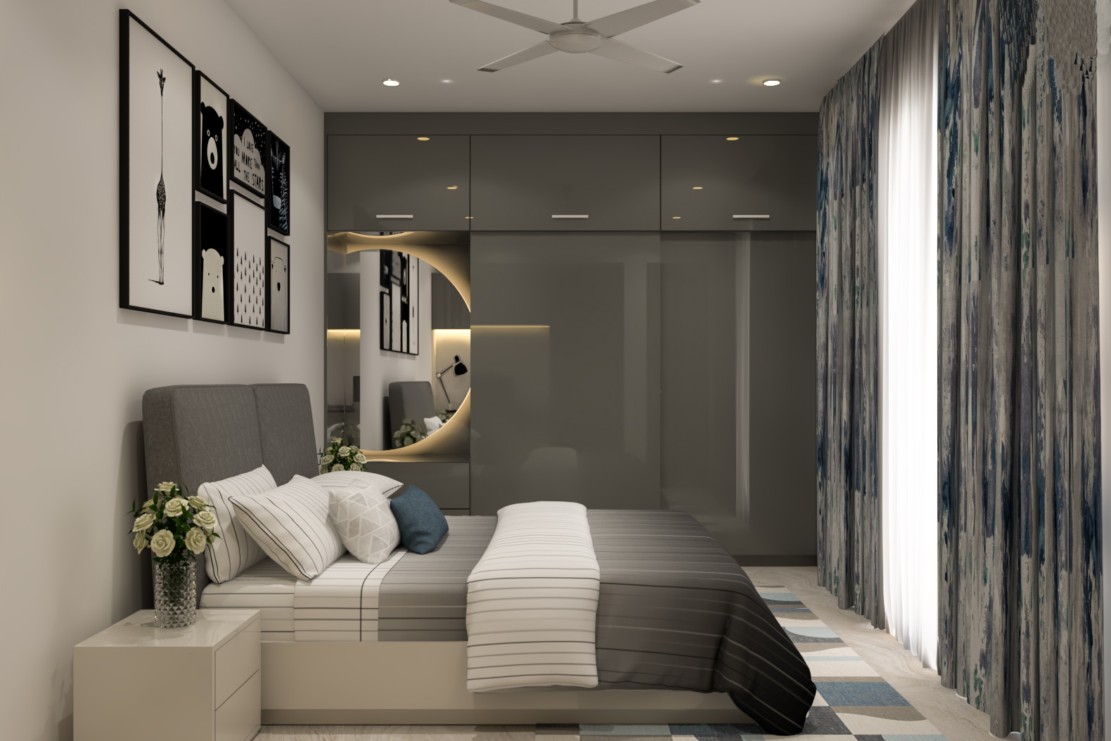 Classy Grey-Themed Kid's Bedroom With Wardrobe And Wall Art | Livspace