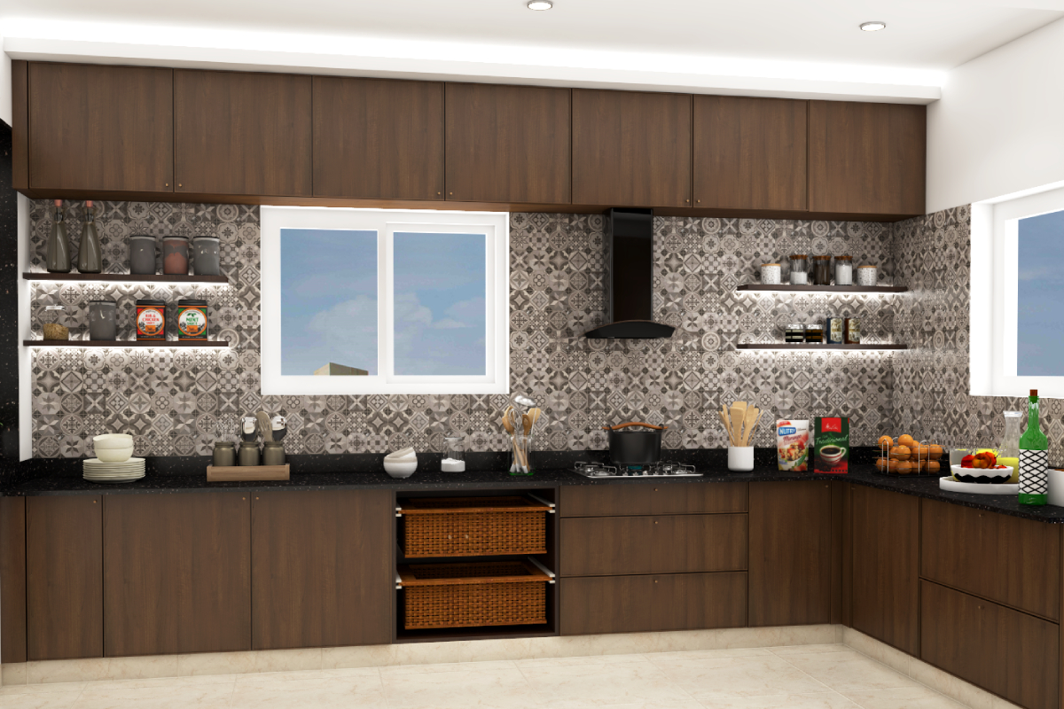 Modern Spacious Kitchen With Wicker Baskets | Livspace