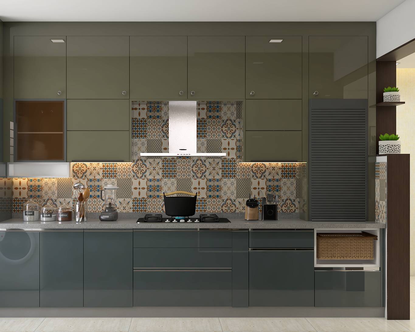 Contemporary Spacious Kitchen Design With Multicolour Dado Tiles | Livspace