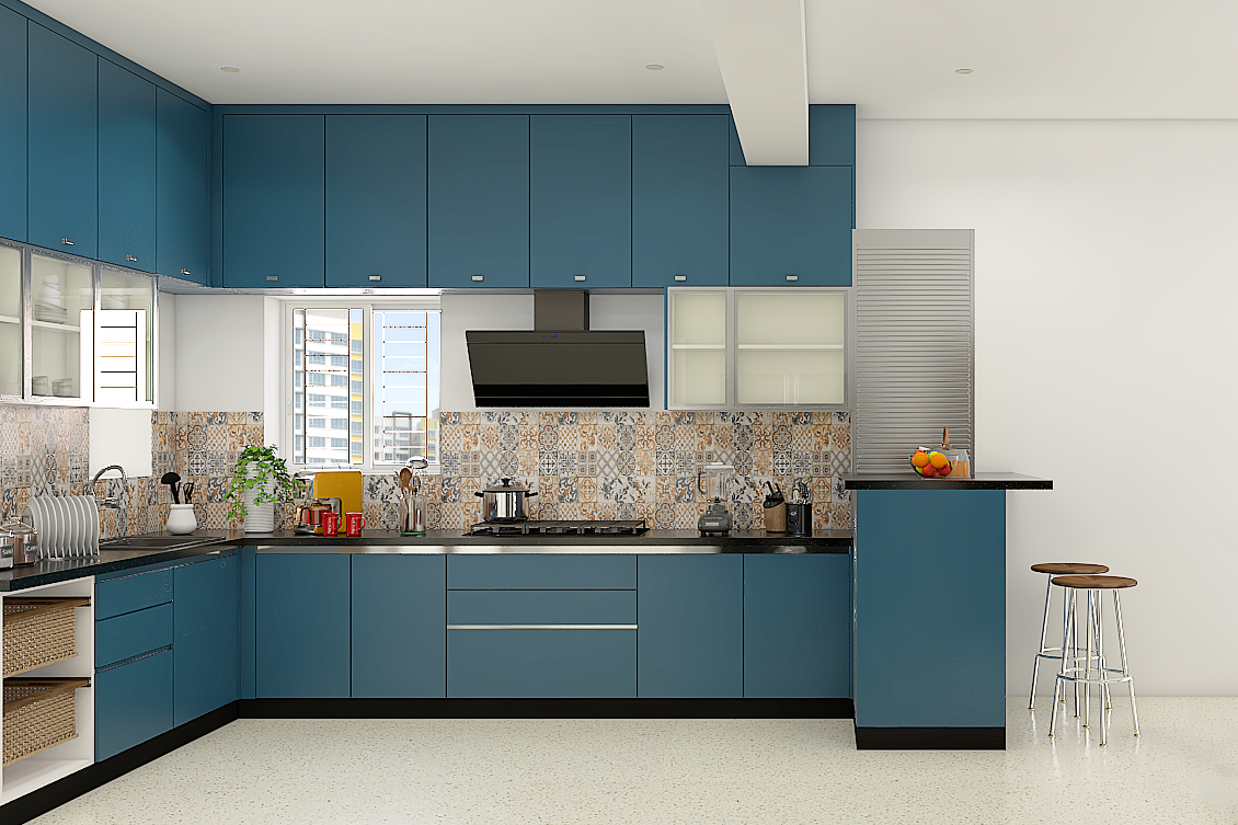 Modern Blue Themed Modular Kitchen Design with Blue Cabinets - Livspace