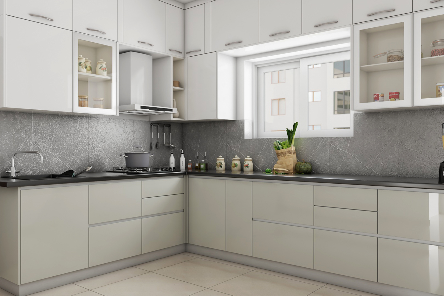 White Kitchen Design With Grey Dado Tiles | Livspace