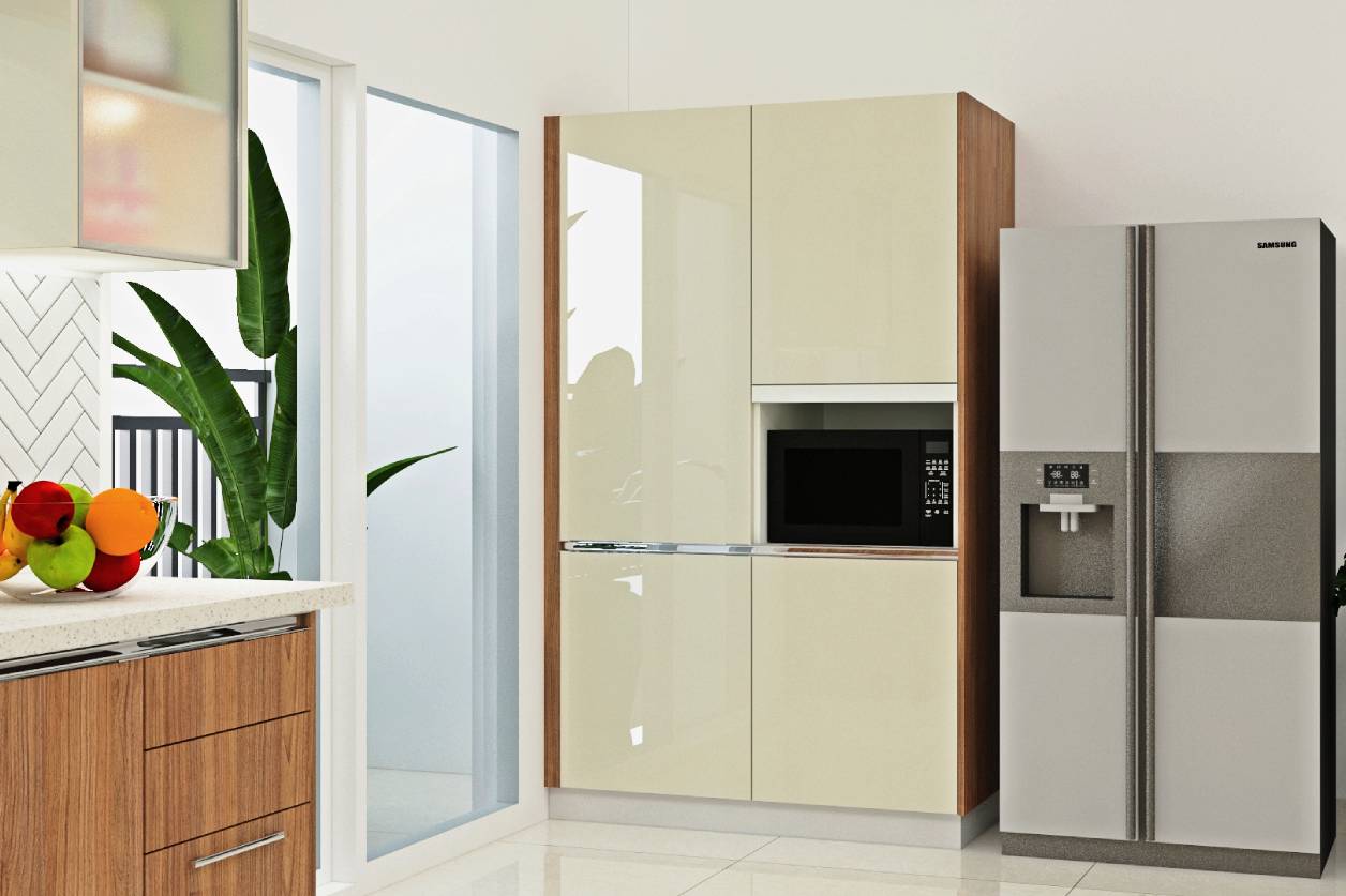 Contemporary Kitchen Design With Wooden Touch And Off-White Cabinets ...