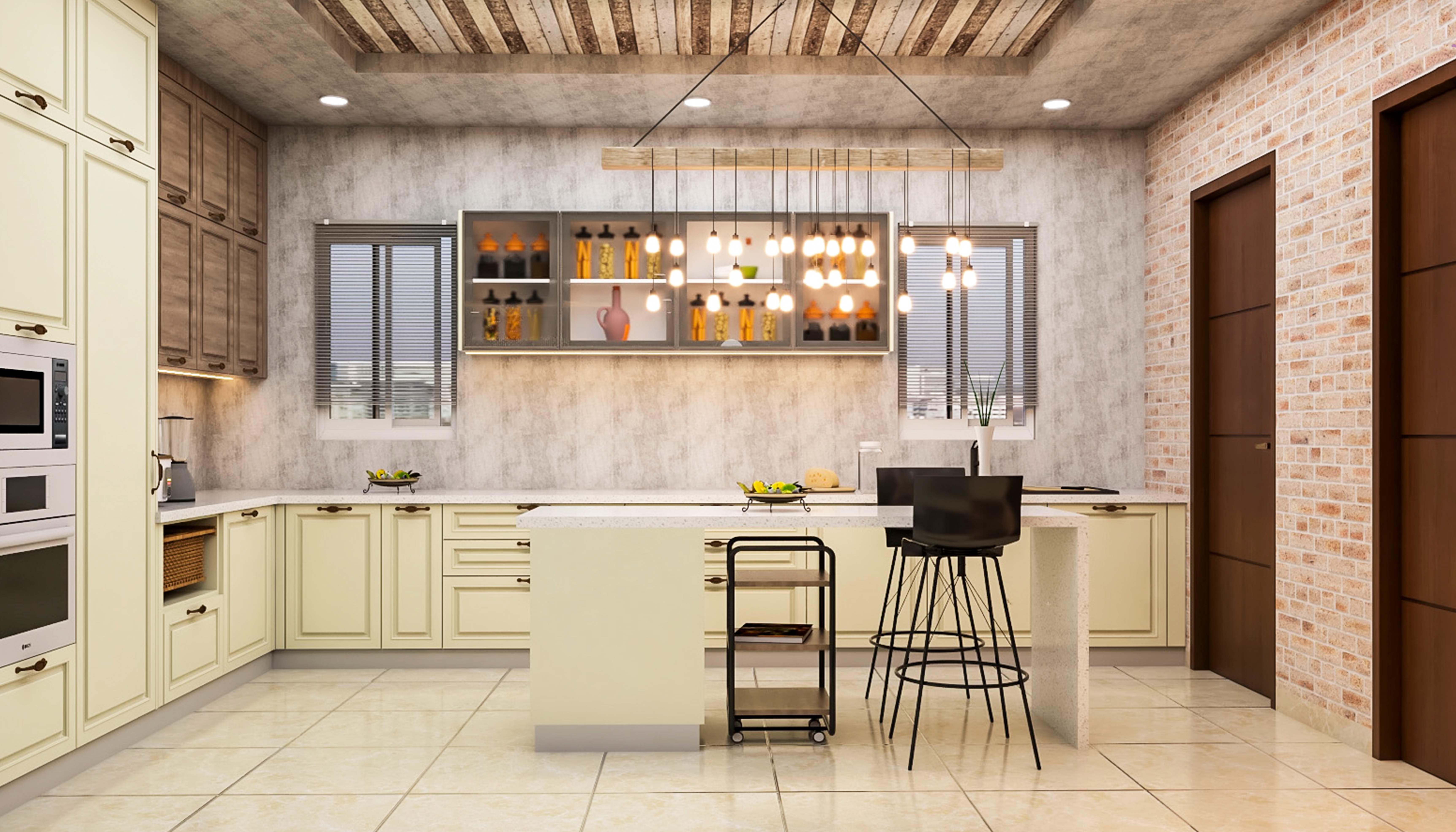 Spacious Open L-Shaped Kitchen Design With Wooden And White Profile ...