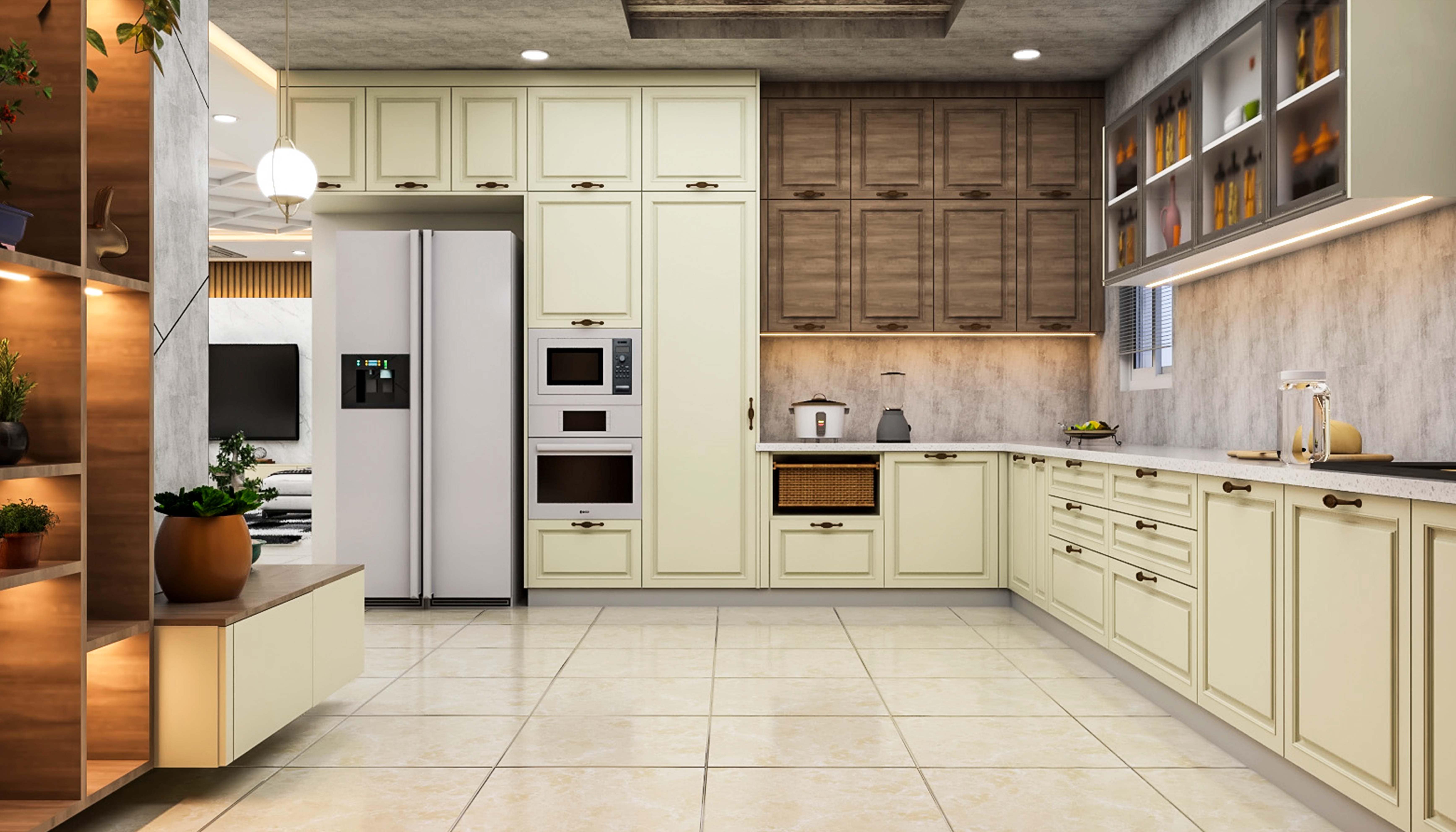 Spacious Open L-Shaped Kitchen Design With Wooden And White Profile ...