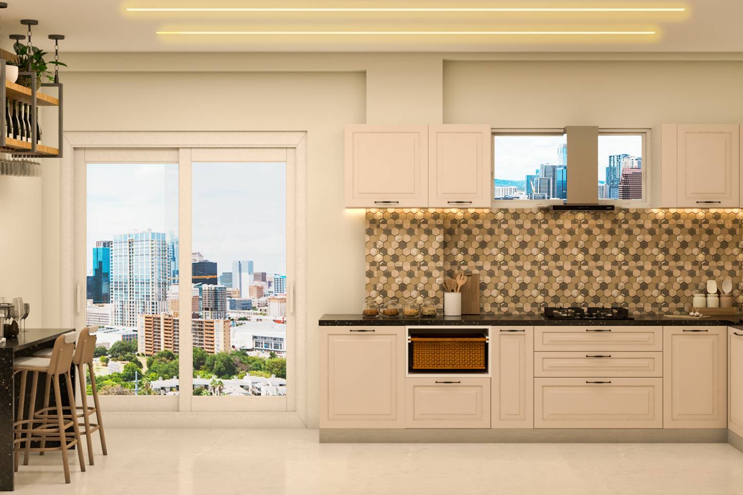 Spacious L-Shaped Kitchen Design With Hexagonal Patterned Dado And ...