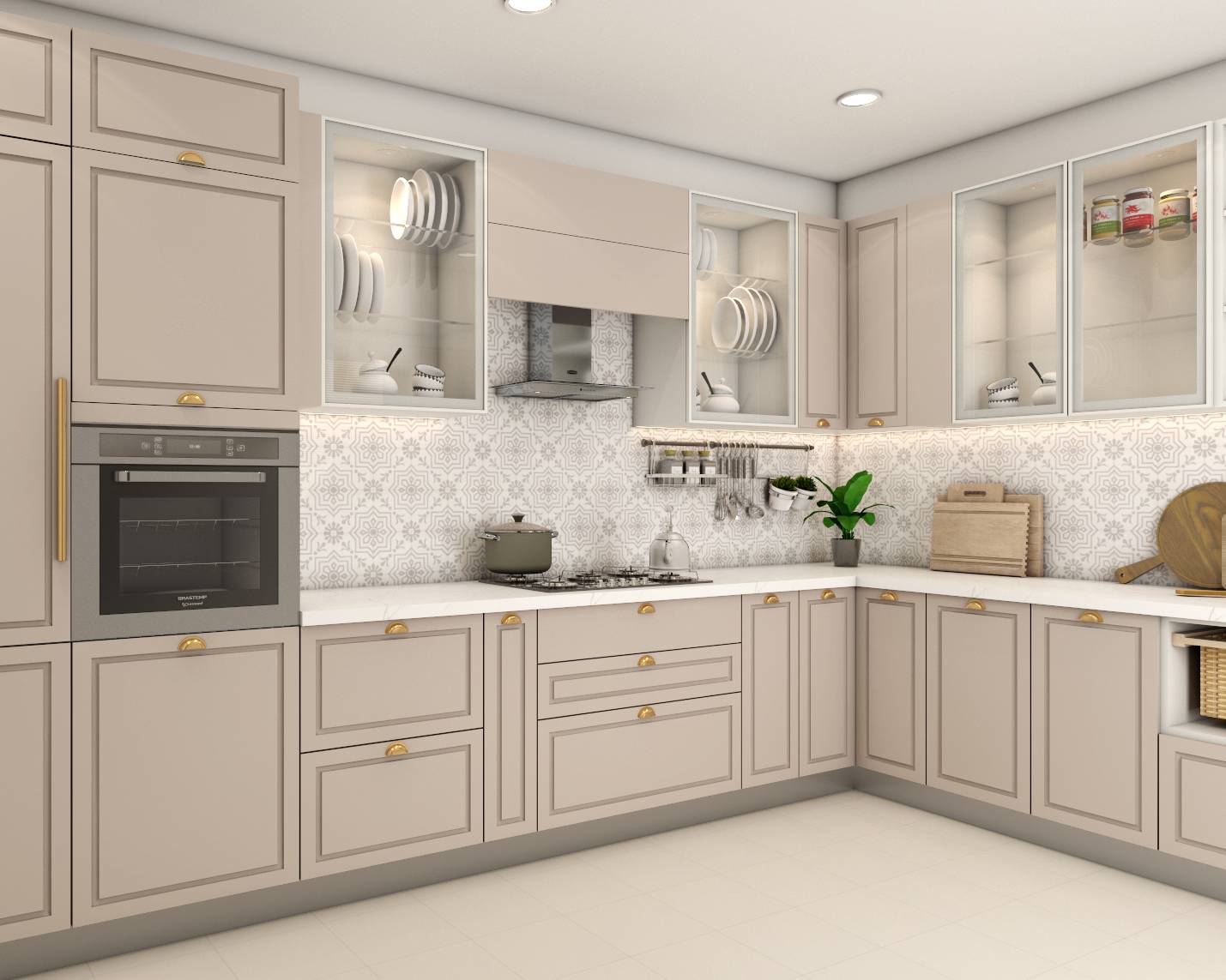 Modular Spacious L-Shaped Kitchen Design With Subtle Colour Scheme ...