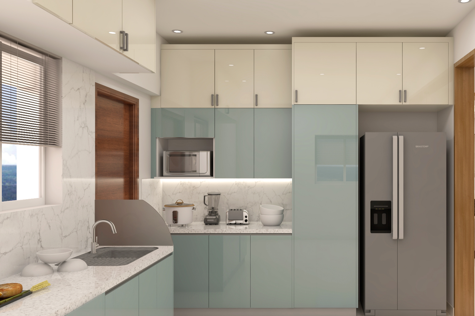 Modular Spacious Kitchen Design With Pastel Blue Decor | Livspace