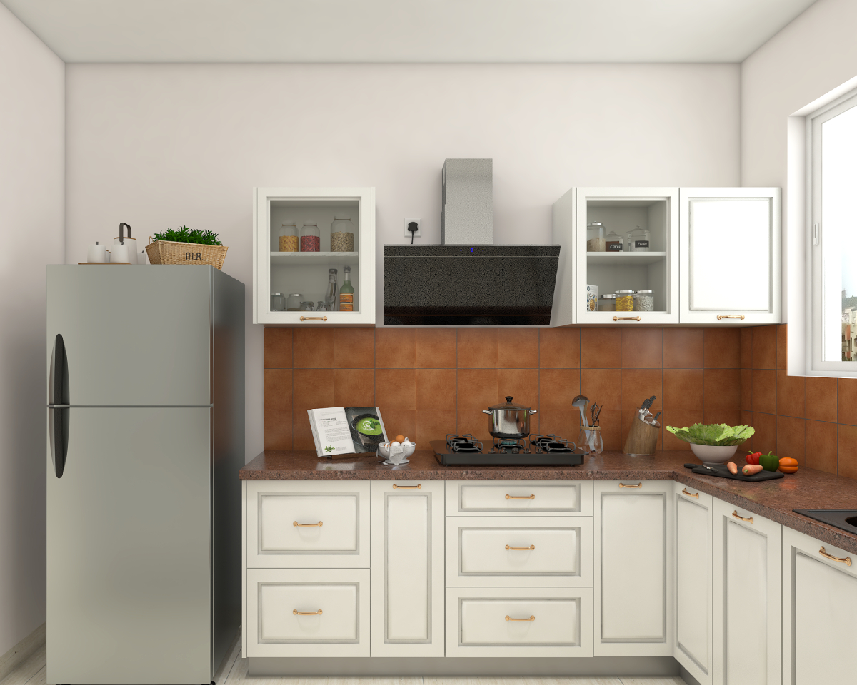 Compact U-Shaped Kitchen Design With Profiled White Shutters | Livspace