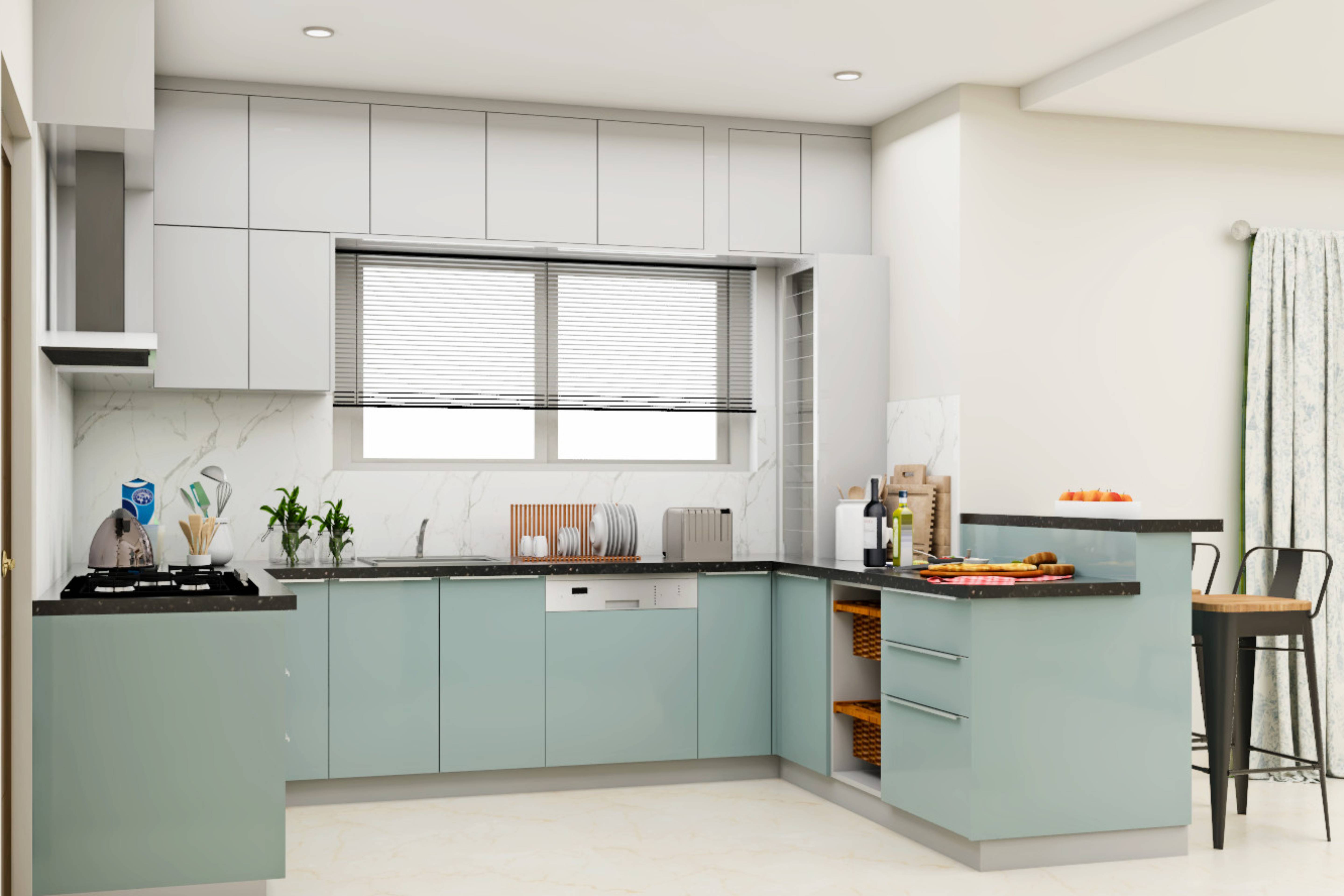 Spacious Kitchen Design With Breakfast Counter And Pale Blue Cabinets ...