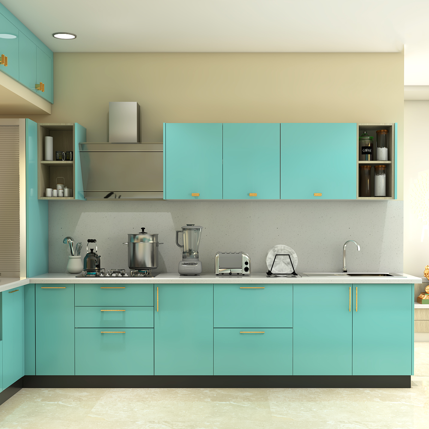Contemporary Kitchen Design with Aqua-Blue Coloured Cabinets and White ...