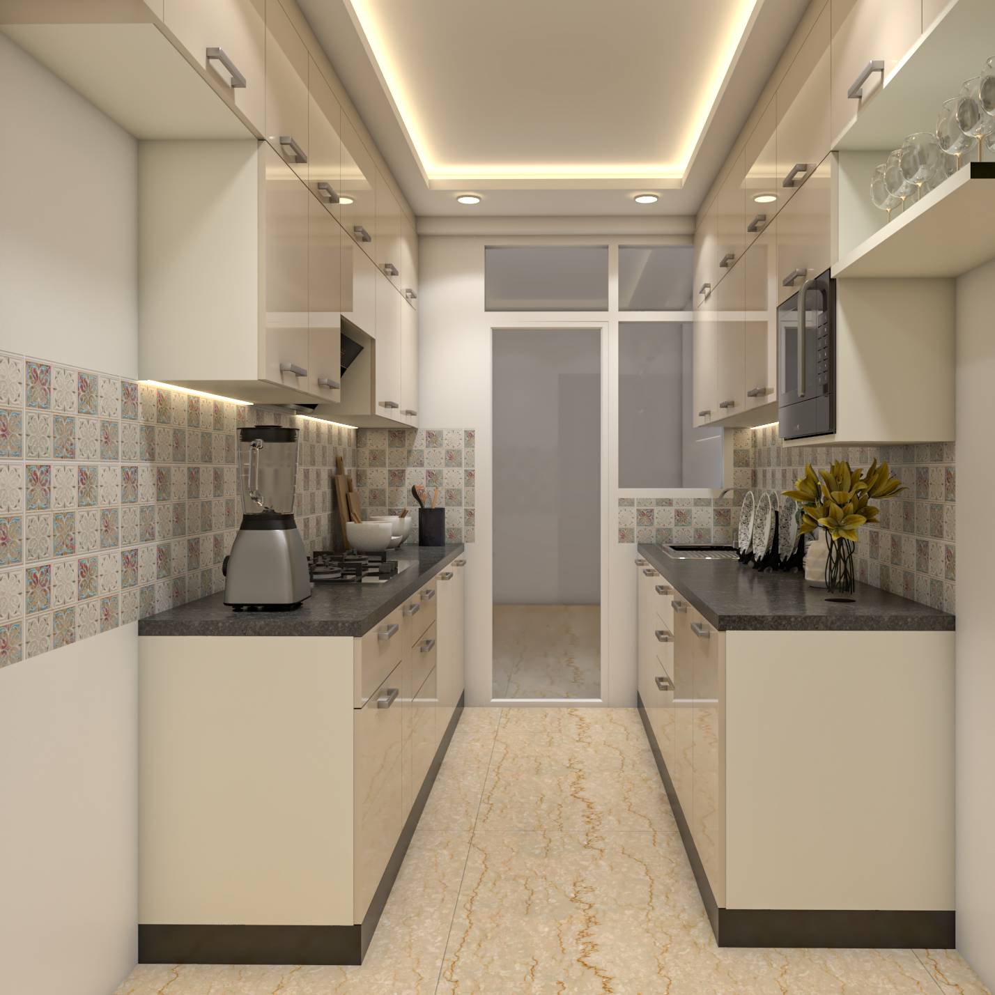 Spacious Parallel Kitchen Design Idea With Dado Tiles | Livspace