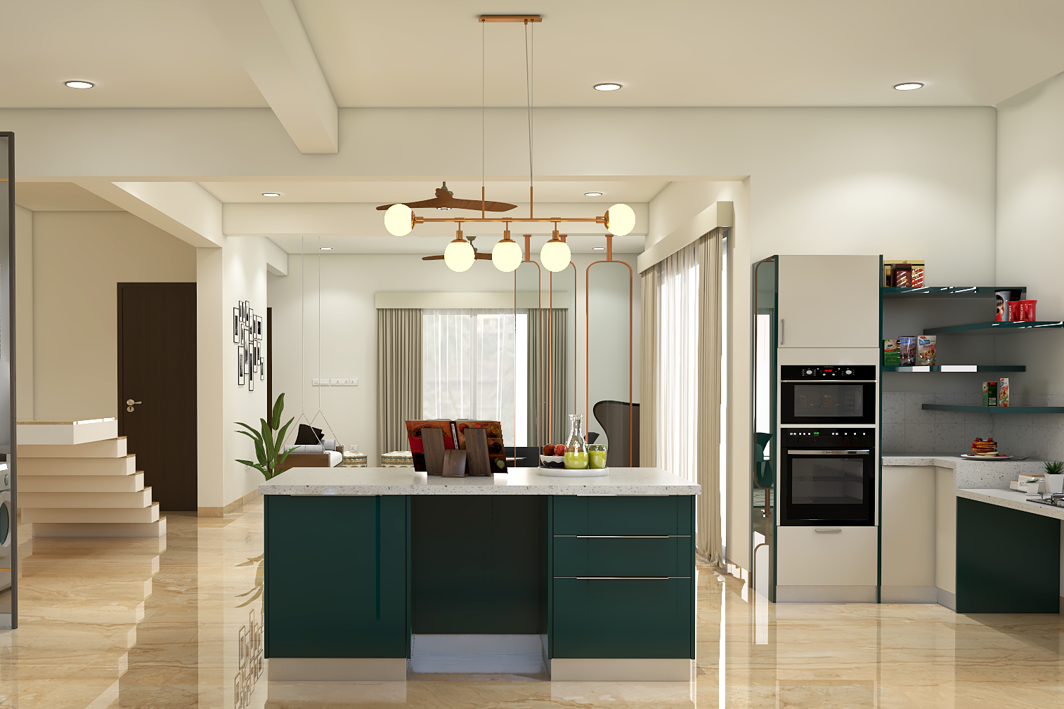Contemporary Modular Open Kitchen Design With Cream And Green Cabinets ...