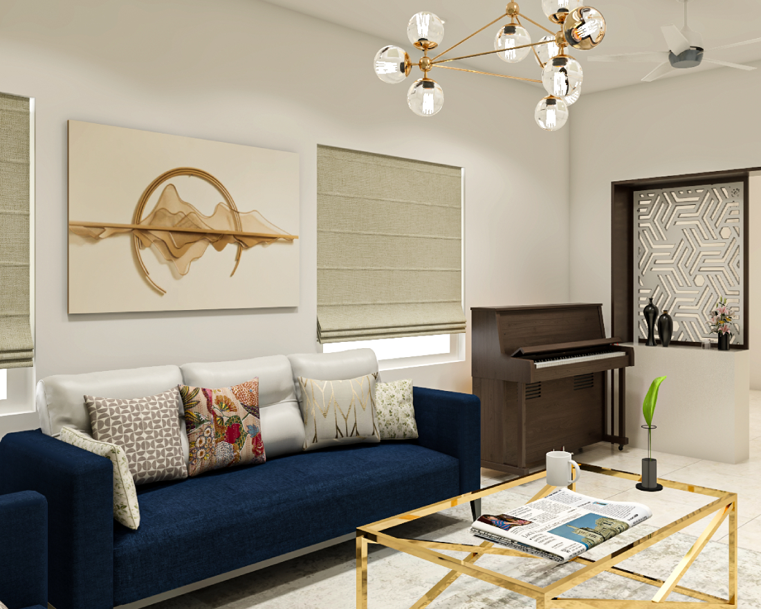 Low Maintenance Contemporary Living Room Design With Blue Sofa | Livspace