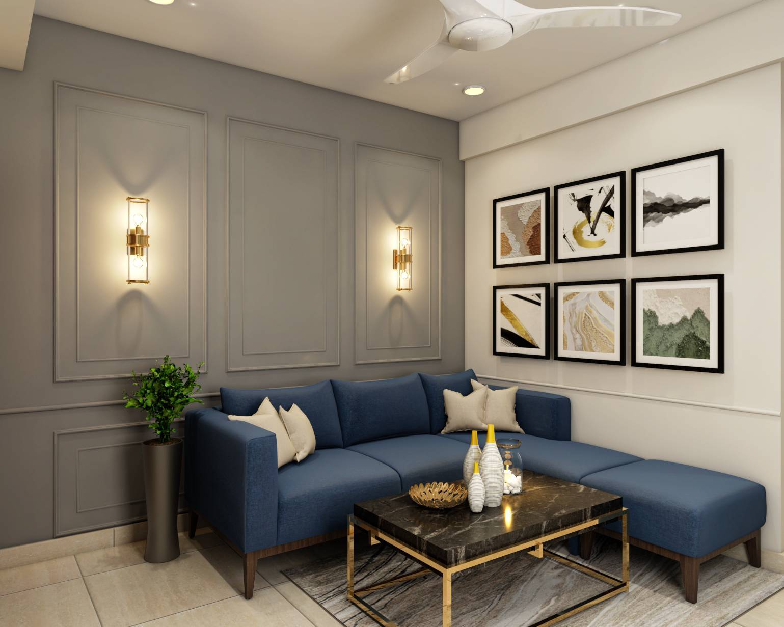 Classic Living Room Designed With Grey Shaded Accent Wall | Livspace