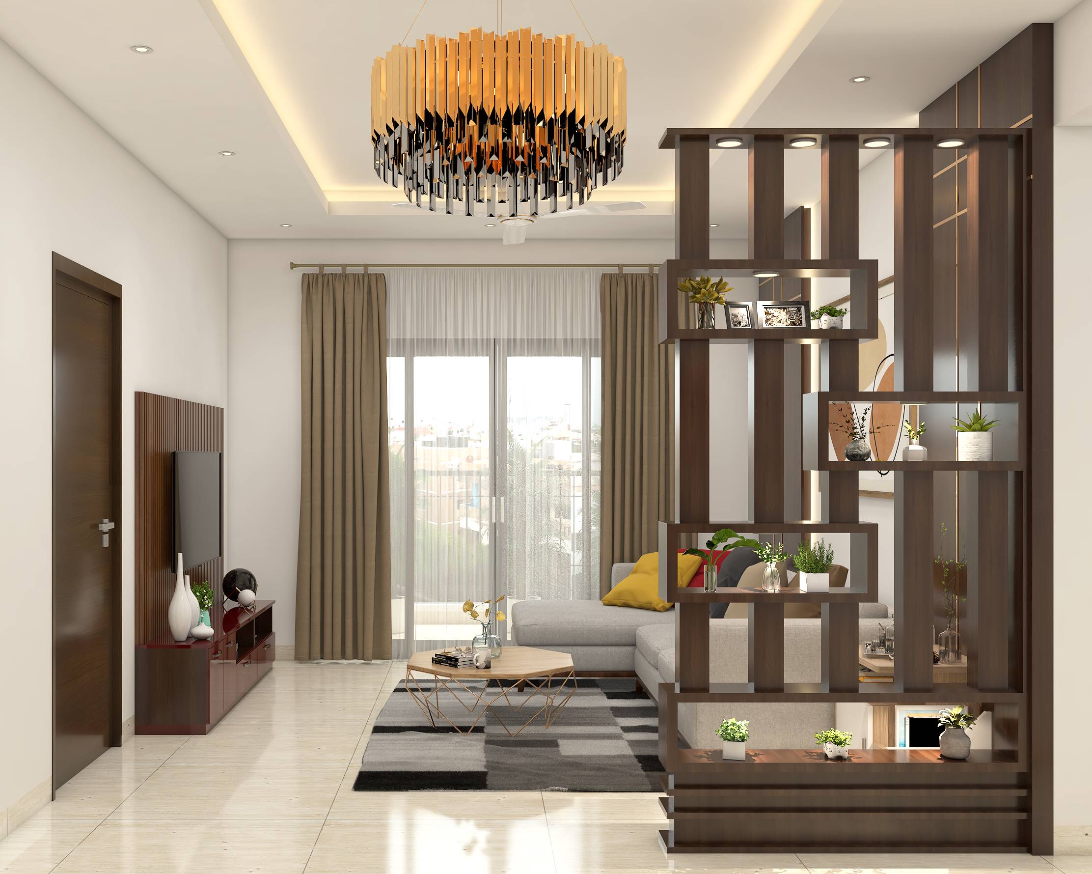 Compact Living Room Design With Wooden Panelling | Livspace