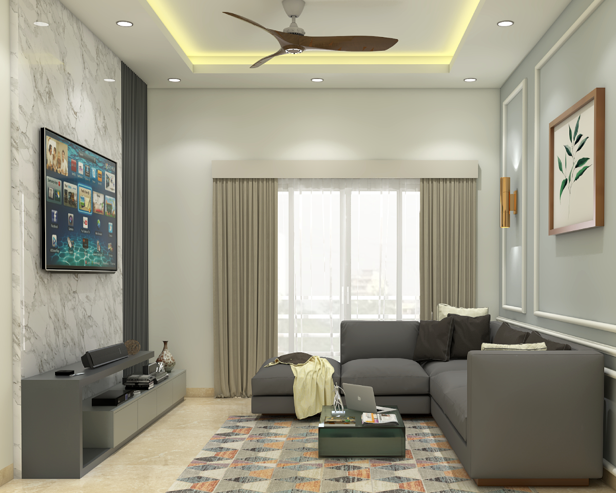 Modern Living Room Design With Golden Fixtures | Livspace