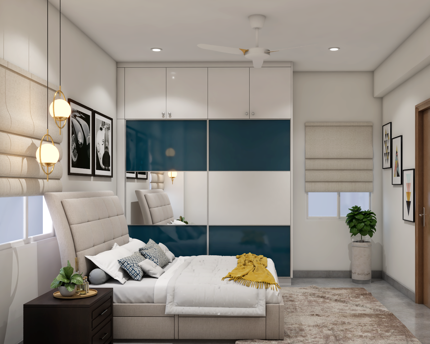 Master Bedroom Design With Blue Tinted Wardrobe And Beige Tufted Bed ...