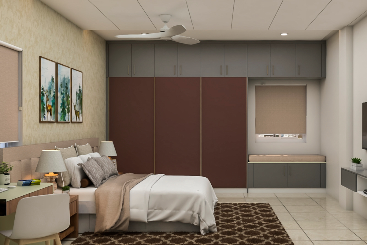 Spacious Master Bedroom Design With Maroon Wardrobe Shutters And ...