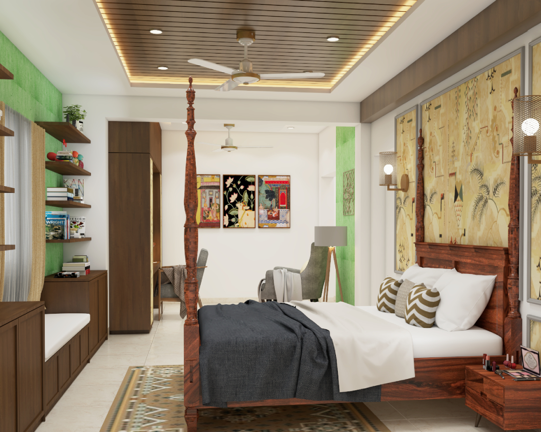 Dual Level False Ceiling With Wooden Rafters | Livspace