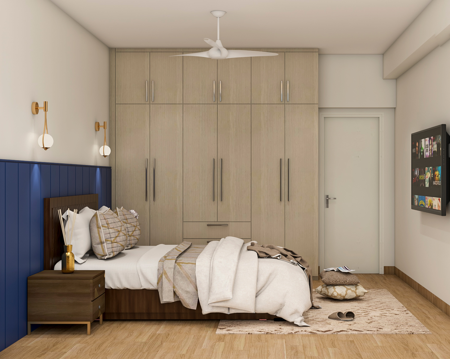 Compact Master Bedroom Design With Blue Accent Wall And Simple Layout ...