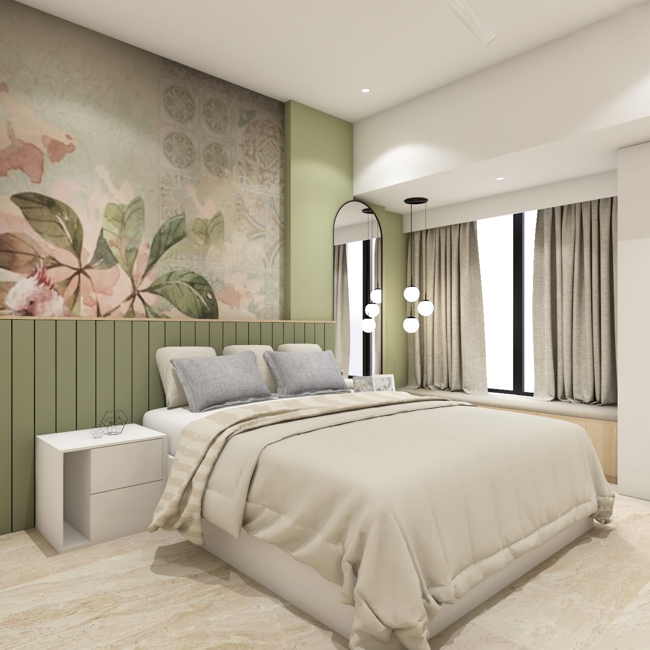 Modern Bedroom Design with Pastel Green Headboard and Floral Wallpaper ...