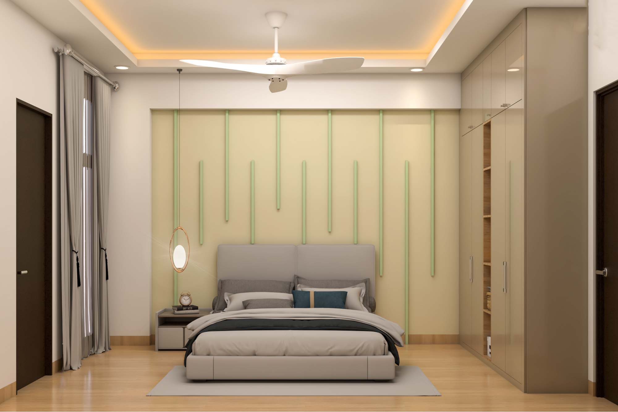 Master Bedroom Design With Pastel Colors & Glossy Wardrobe Design ...