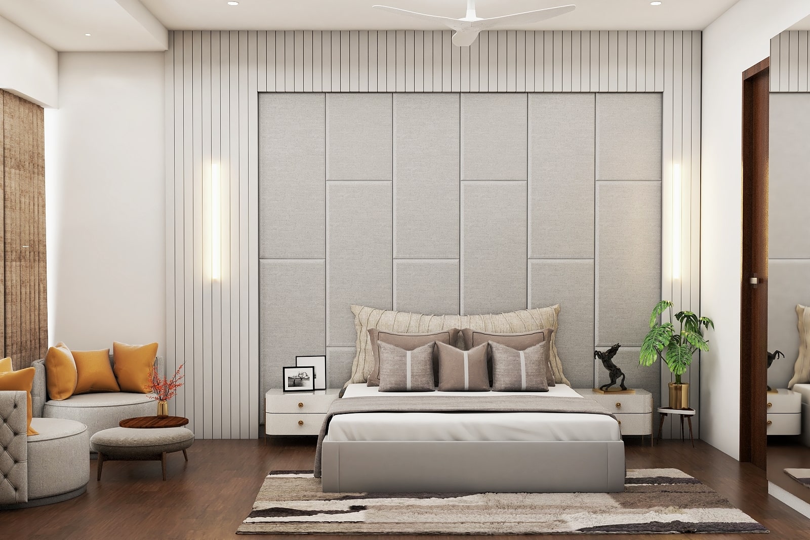 Master Bedroom Design With Cushioned Grey Headboard And Wooden Rafters ...