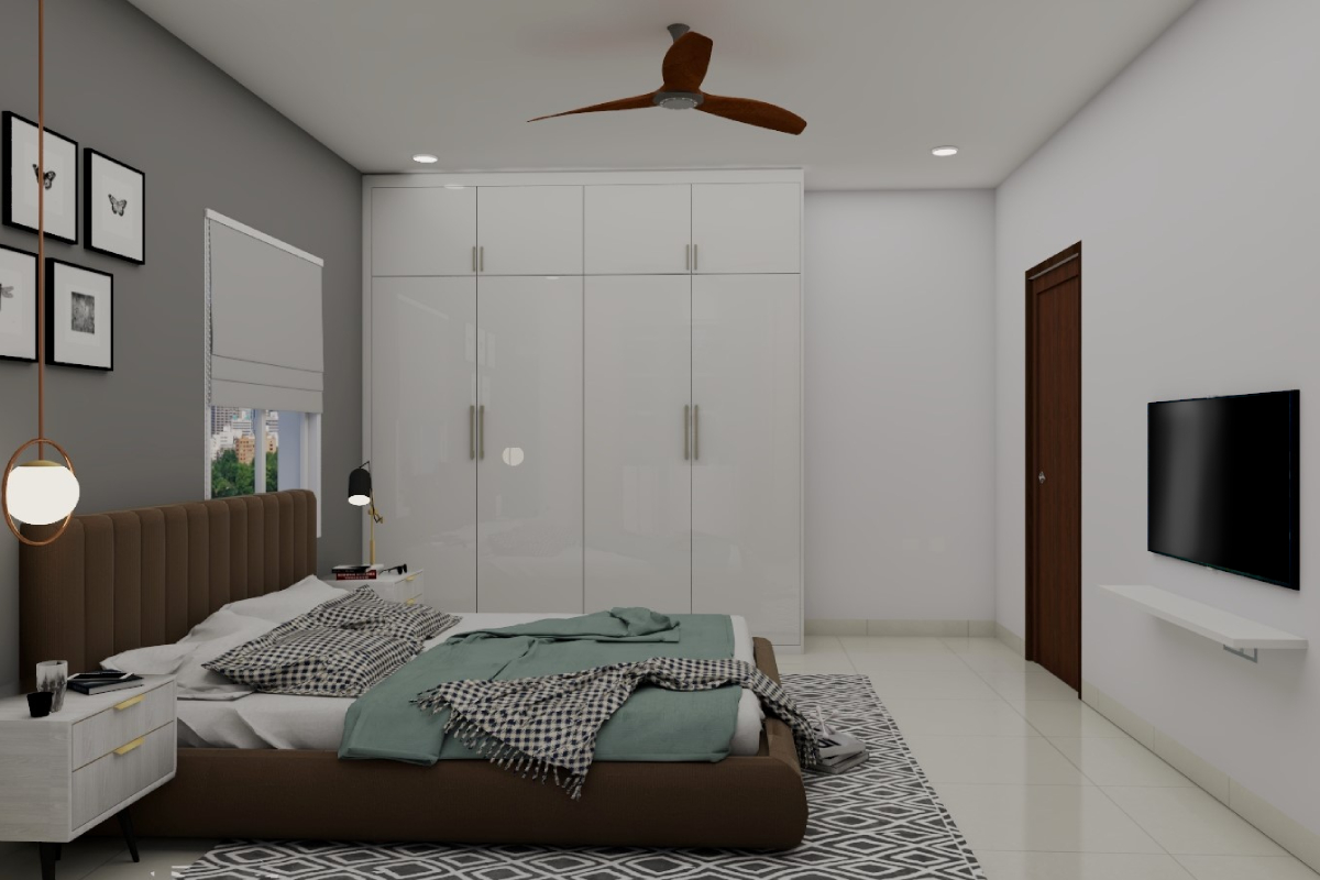 Spacious Master Bedroom Design With Glossy White Wardrobe | Livspace