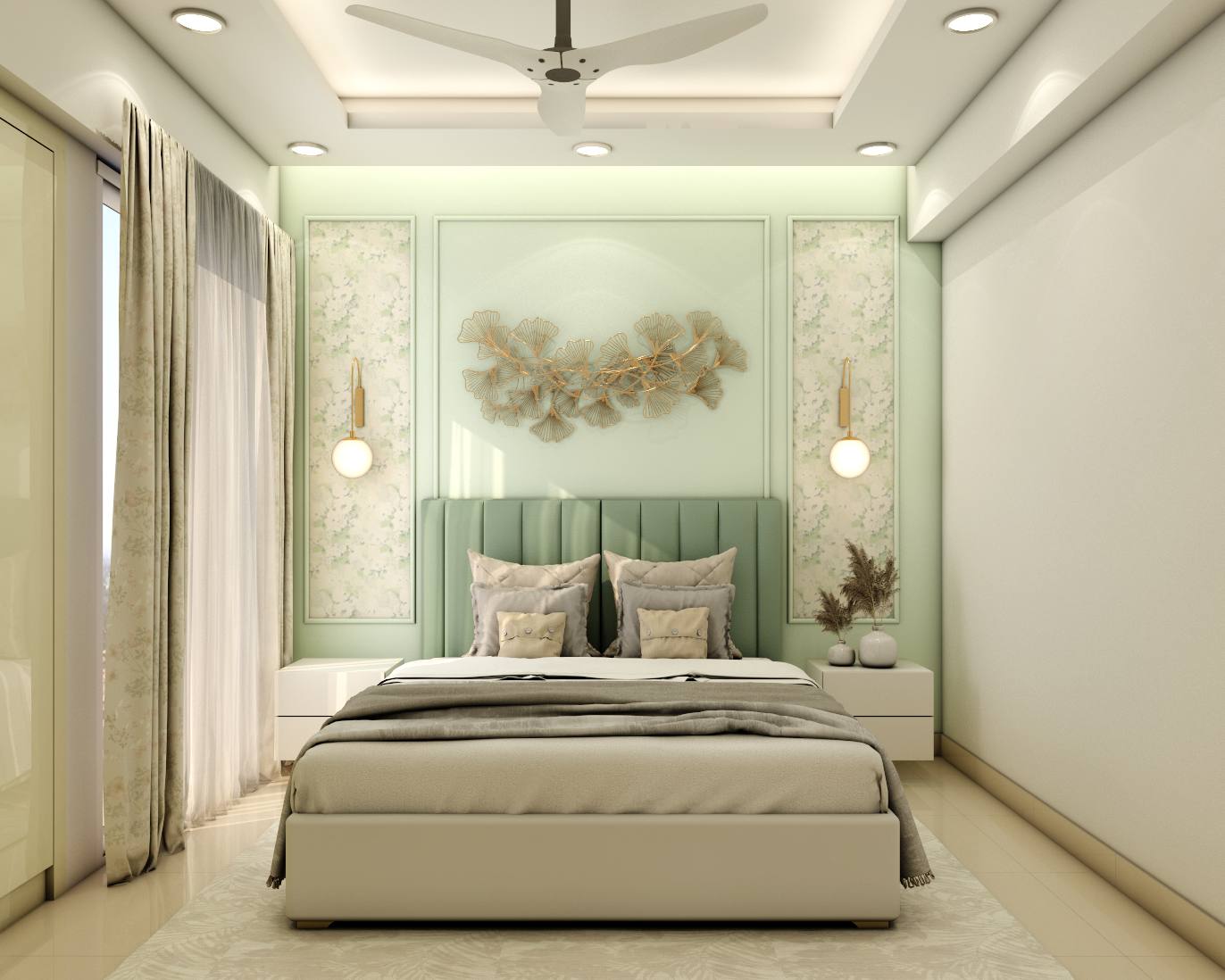 Pastel Green Spacious Master Bedroom Design With Large Window | Livspace