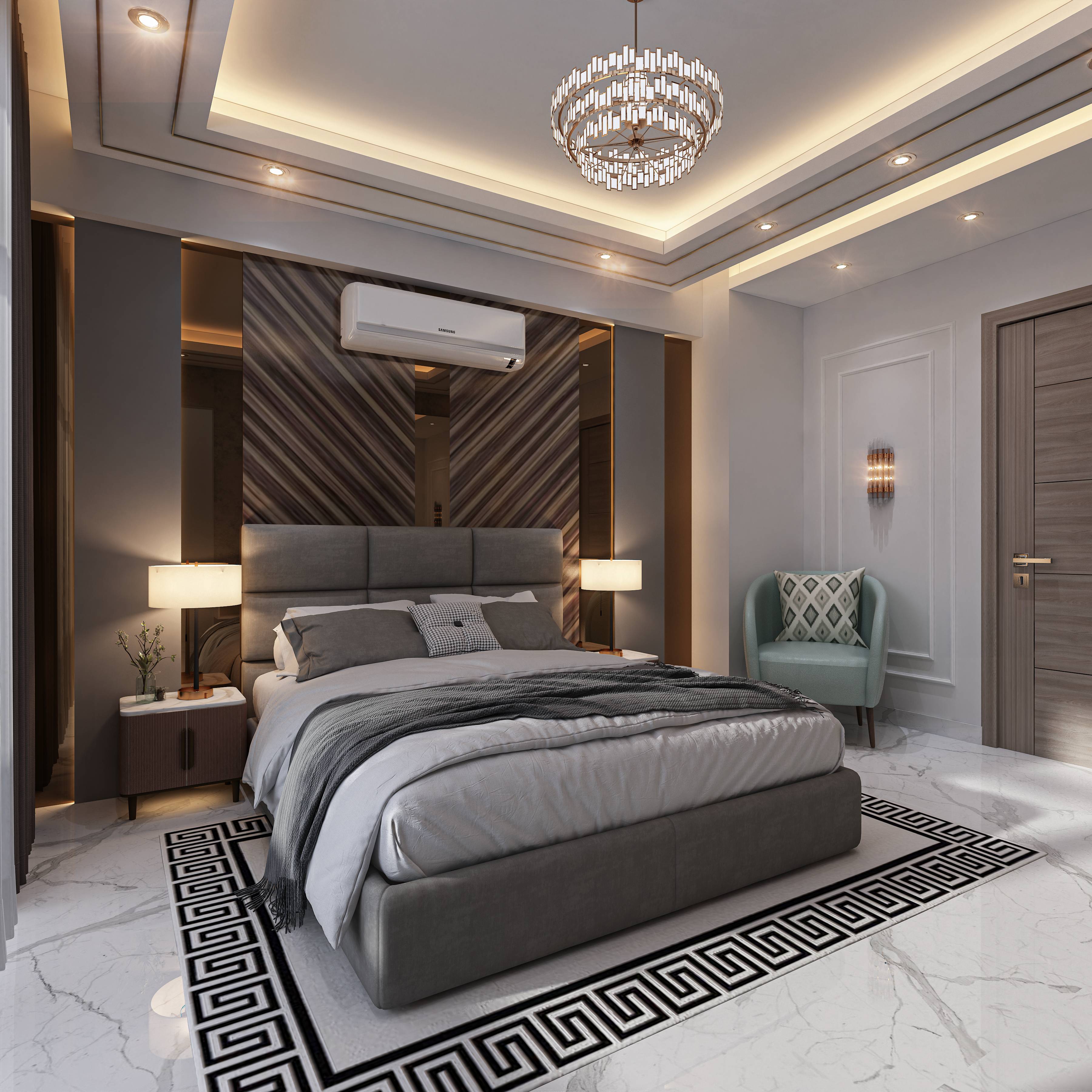 Contemporary Master Bedroom Design With Stone Cladding And Tinted ...