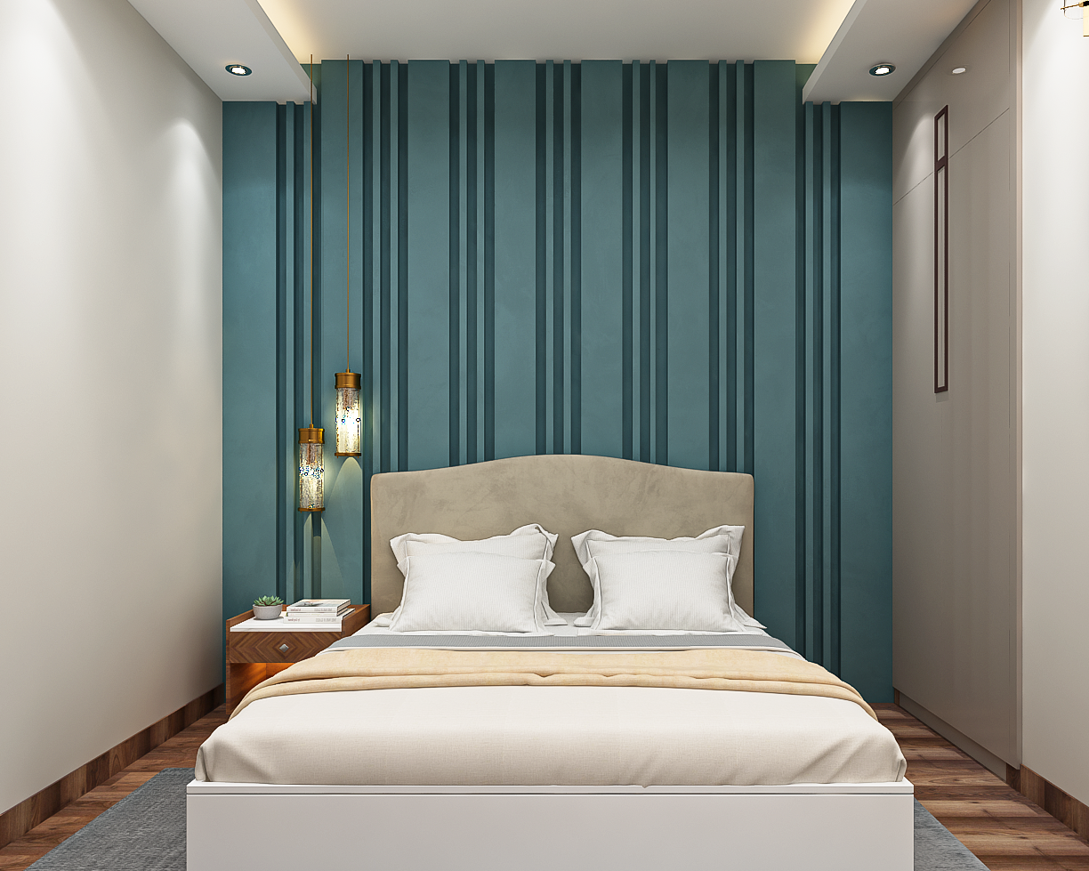 Modern Blue And Beige Master Bedroom Design | Livspace