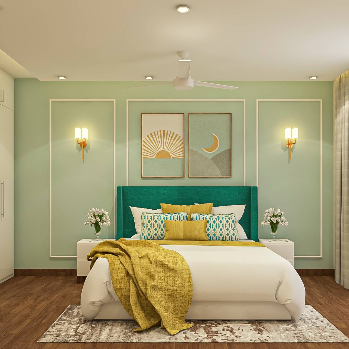 Modern Spacious Master Bedroom Design With Pastel Interiors | Livspace