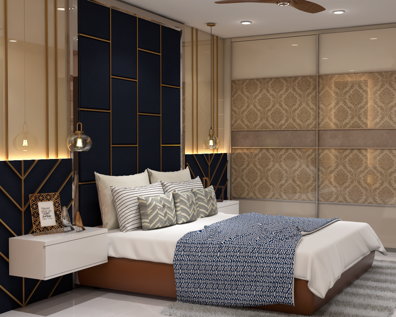 Premium Master Bedroom Design With Dark Blue Tufted Backdrop And Golden ...