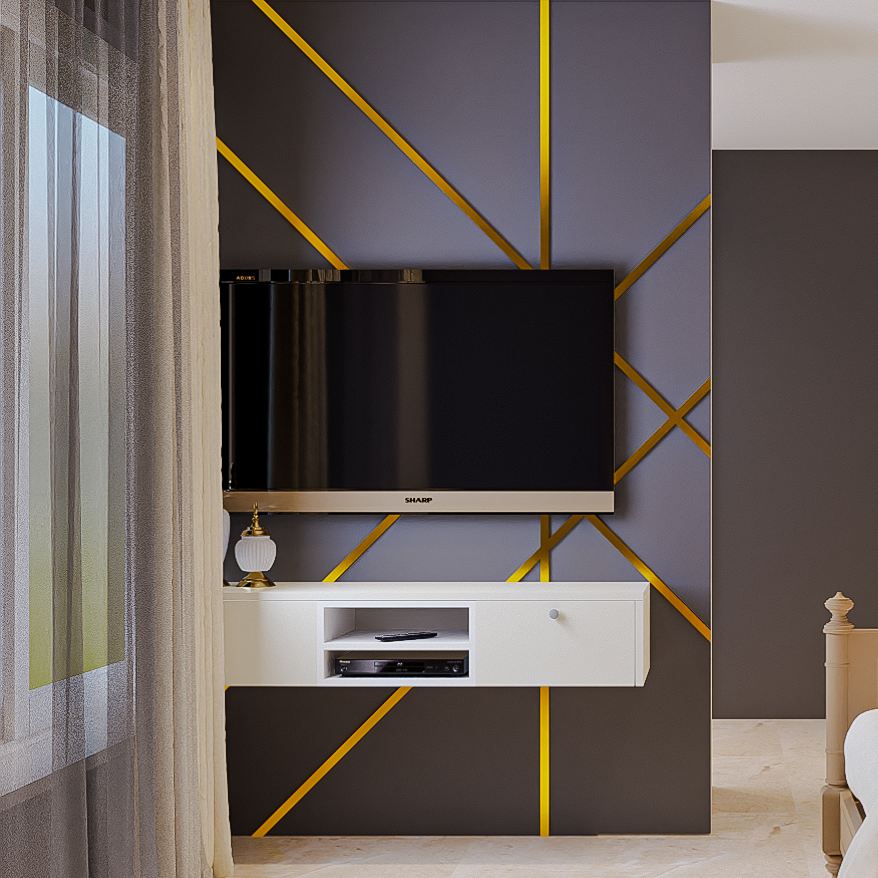 Modern TV Unit Design With Golden Zigzag Strips | Livspace
