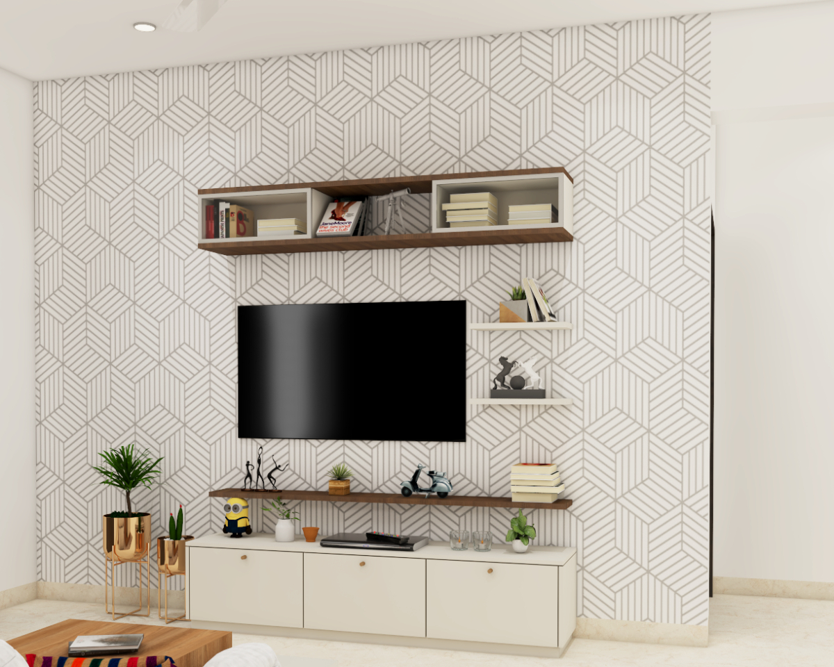 Compact TV Unit Design With Unique Wallpaper Design | Livspace