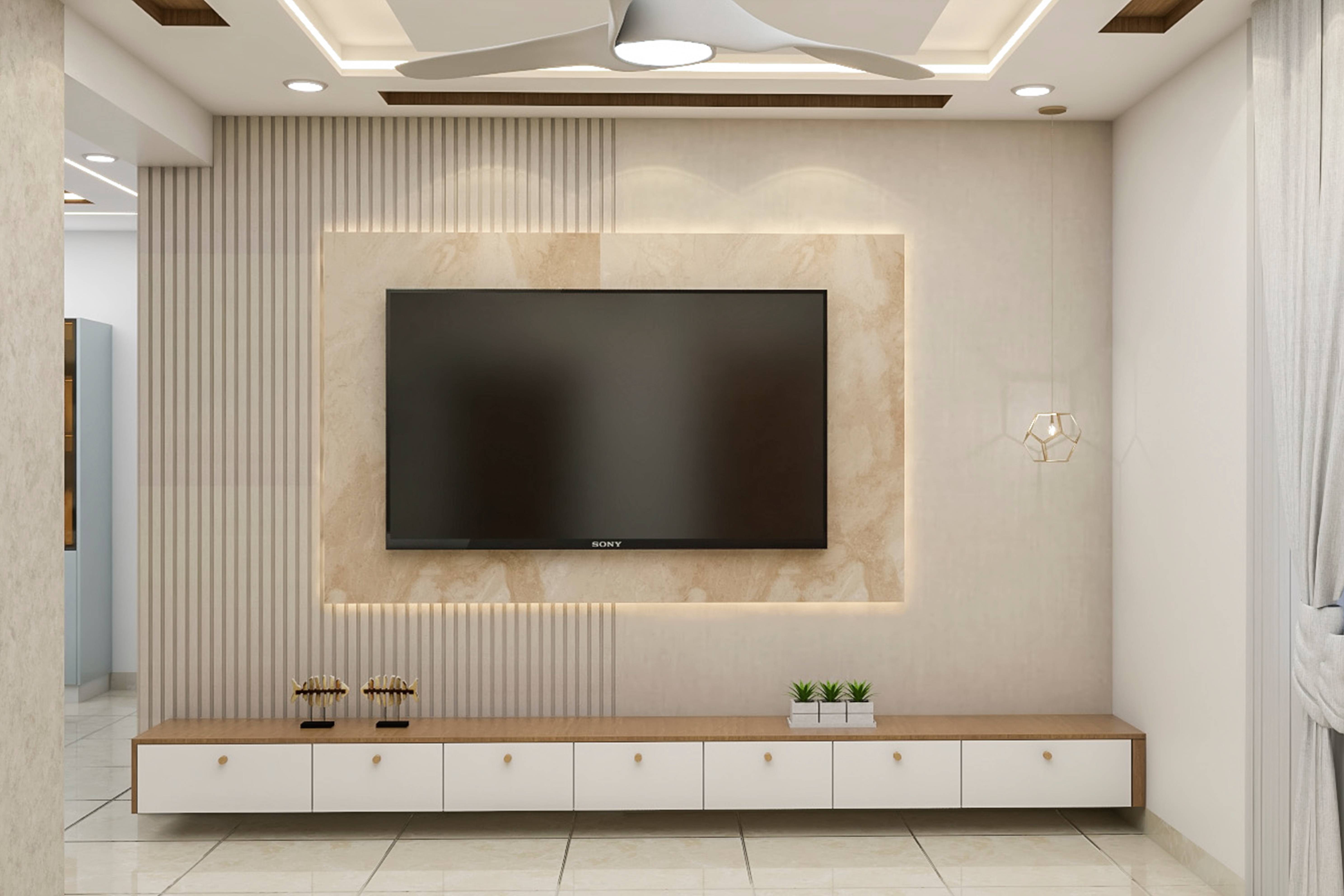 Contemporary TV Unit Designed With Beige Finish | Livspace