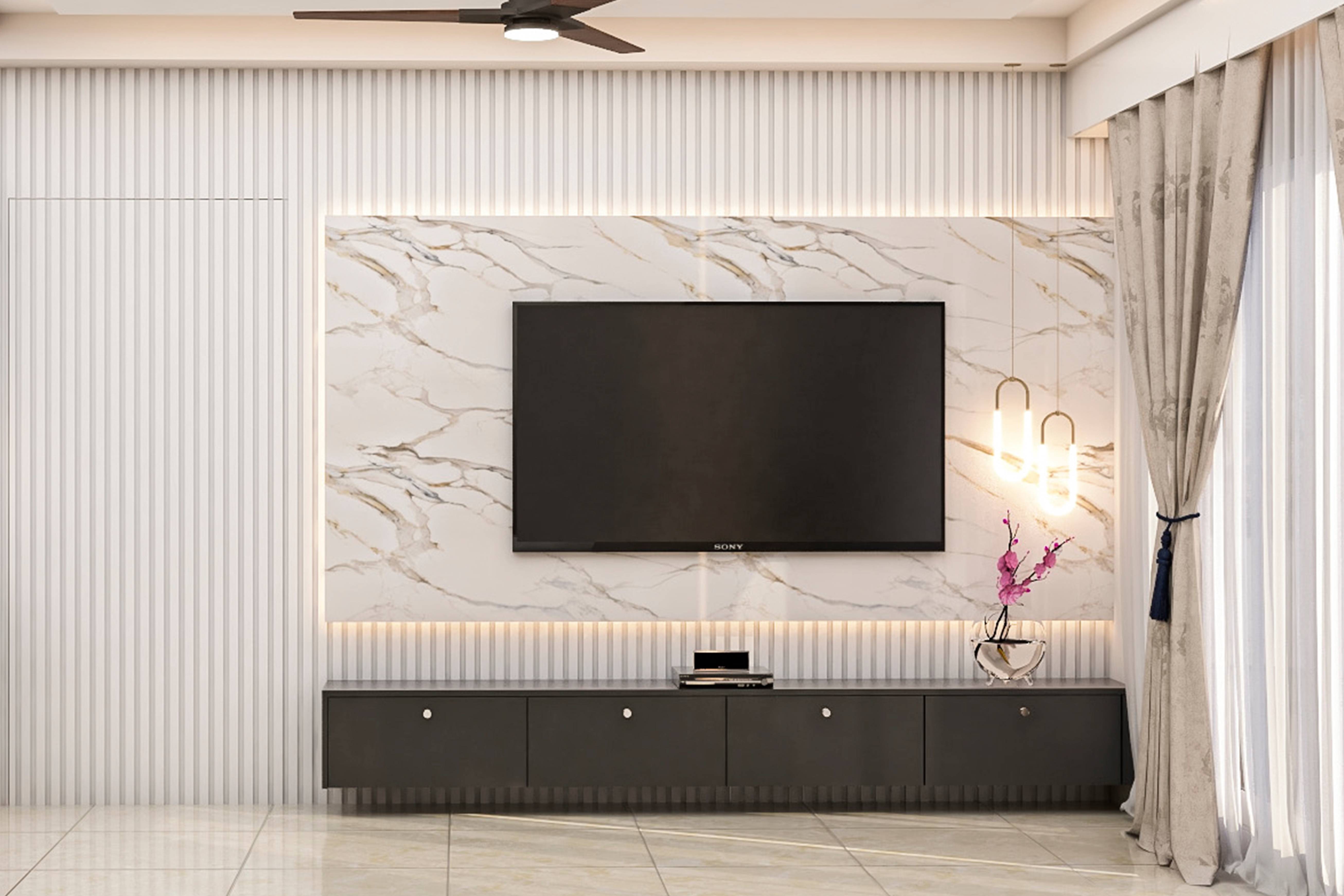 Contemporary Wall Mounted TV Unit Design With Marble Backsplash | Livspace