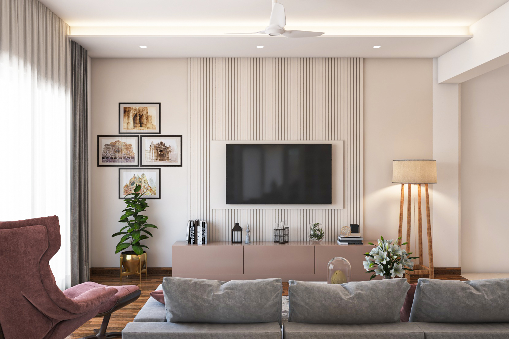 Modern TV Unit Designed With Pastel Pink Background | Livspace