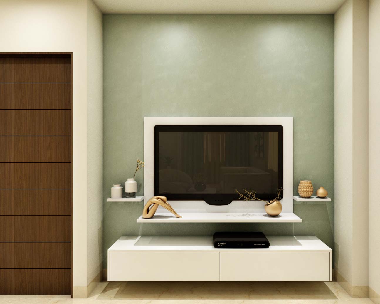 Modern TV Unit Design with Pastel Green Wall and Max Storage | Livspace
