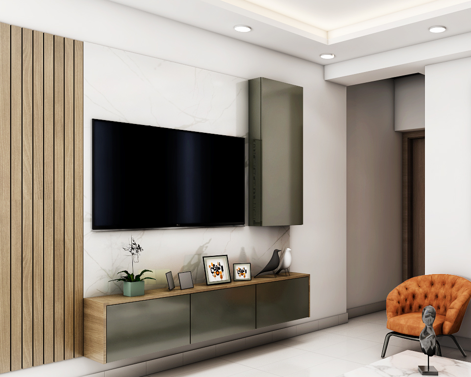 Simple Brown-Toned TV Unit Design With Wall-Mounted Console Unit | Livspace