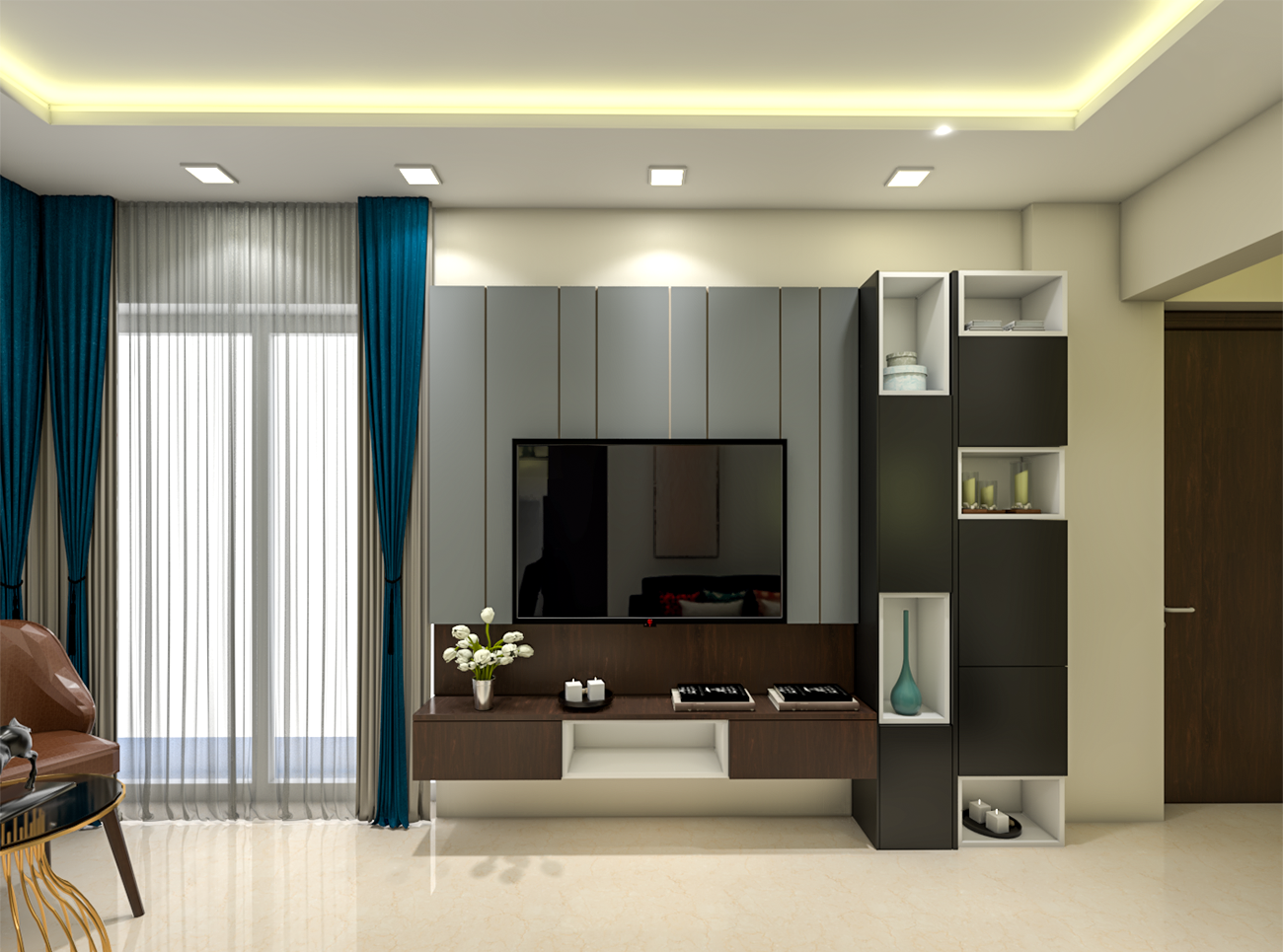 Modern Monochromatic Themed TV Unit With Sleek Decor | Livspace