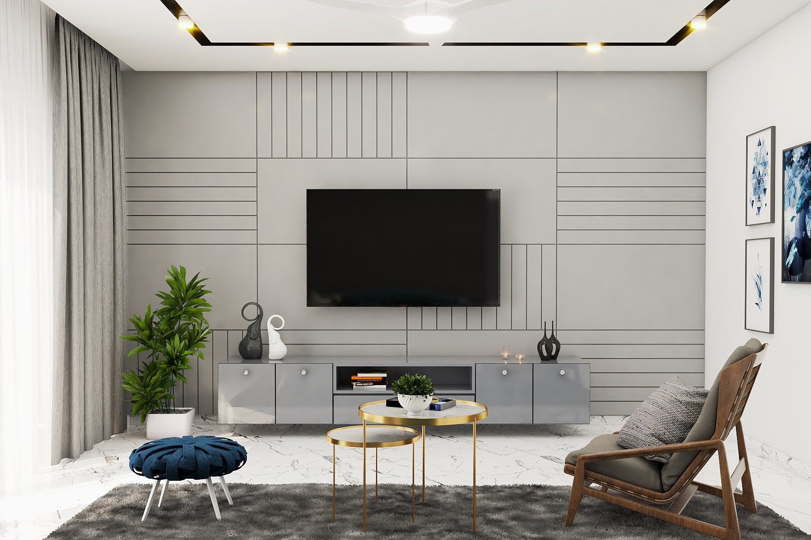 Modern TV Unit Design With Grey Wall Panel And Glossy Storage Unit ...