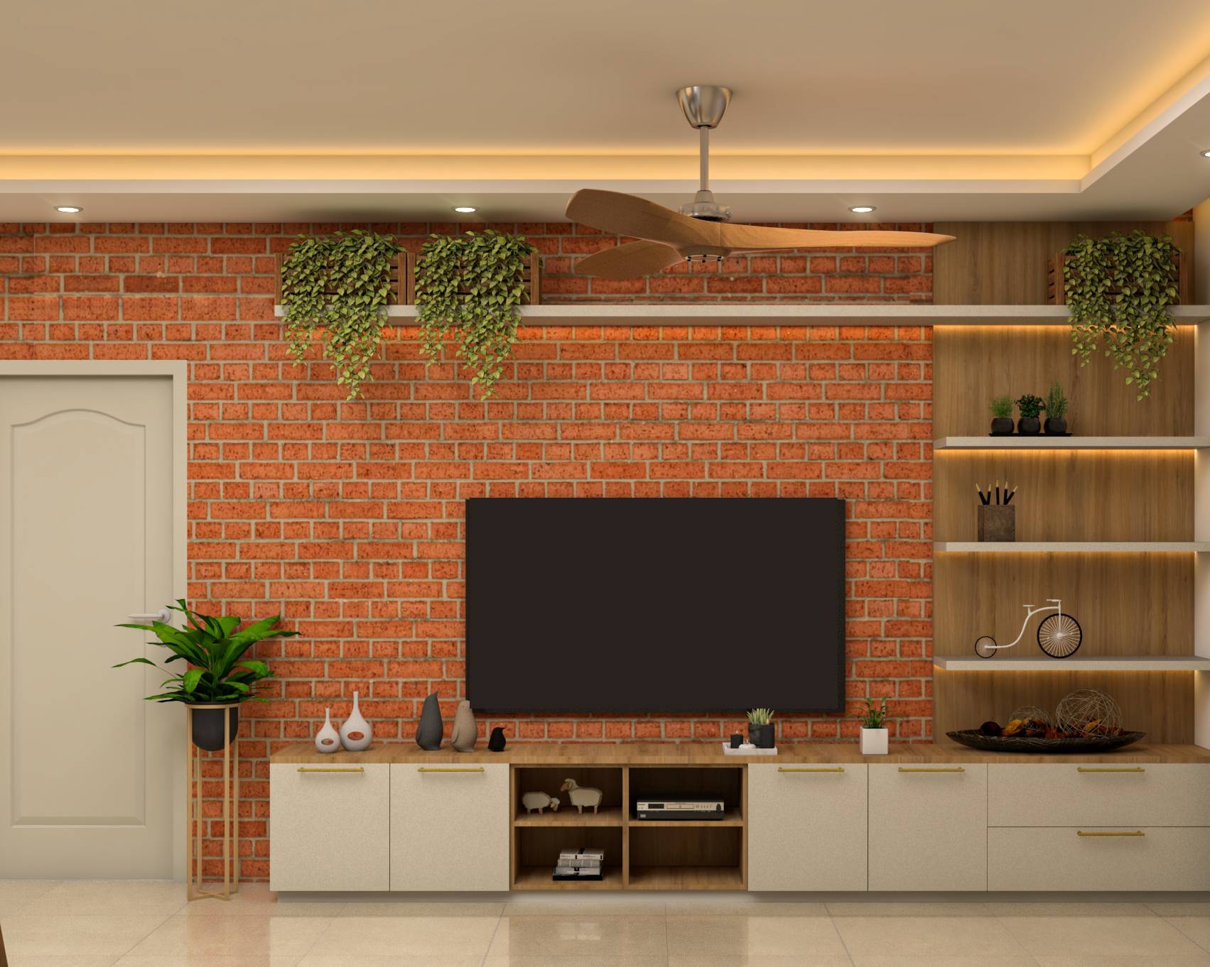Spacious TV Unit Design With Red Brick Accent Wall | Livspace