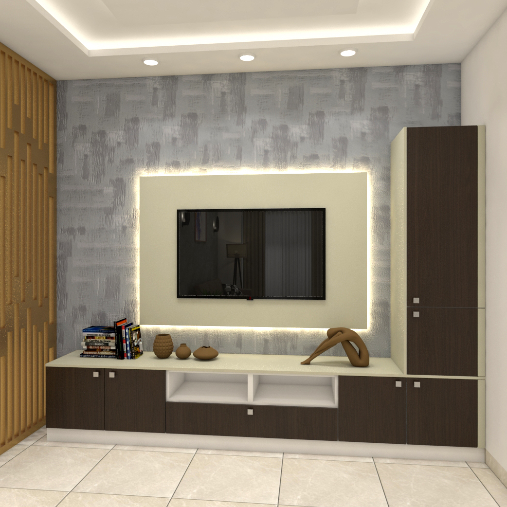 Compact TV Unit Design With Grey Wallpaper And Cream Wall Panel | Livspace