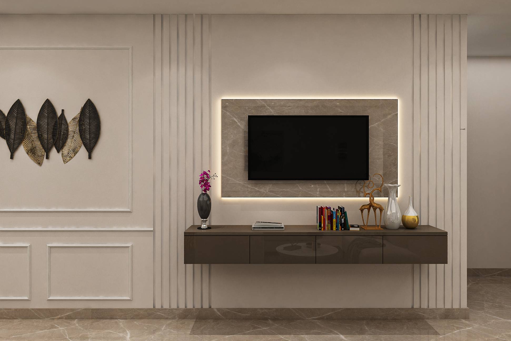 Modern TV Unit Design With White Wall Trims And Grey Panel | Livspace