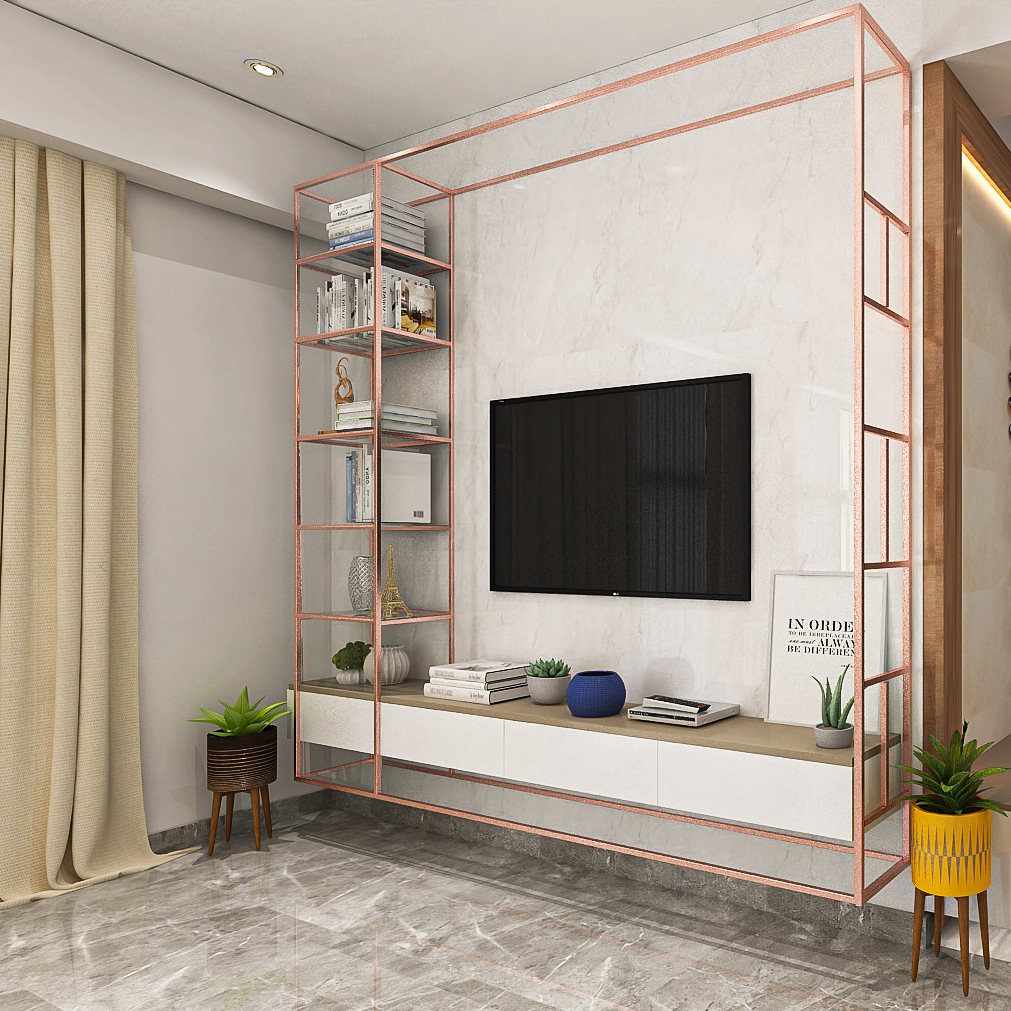 Spacious TV Unit Design With Console Unit And Metallic Rack | Livspace