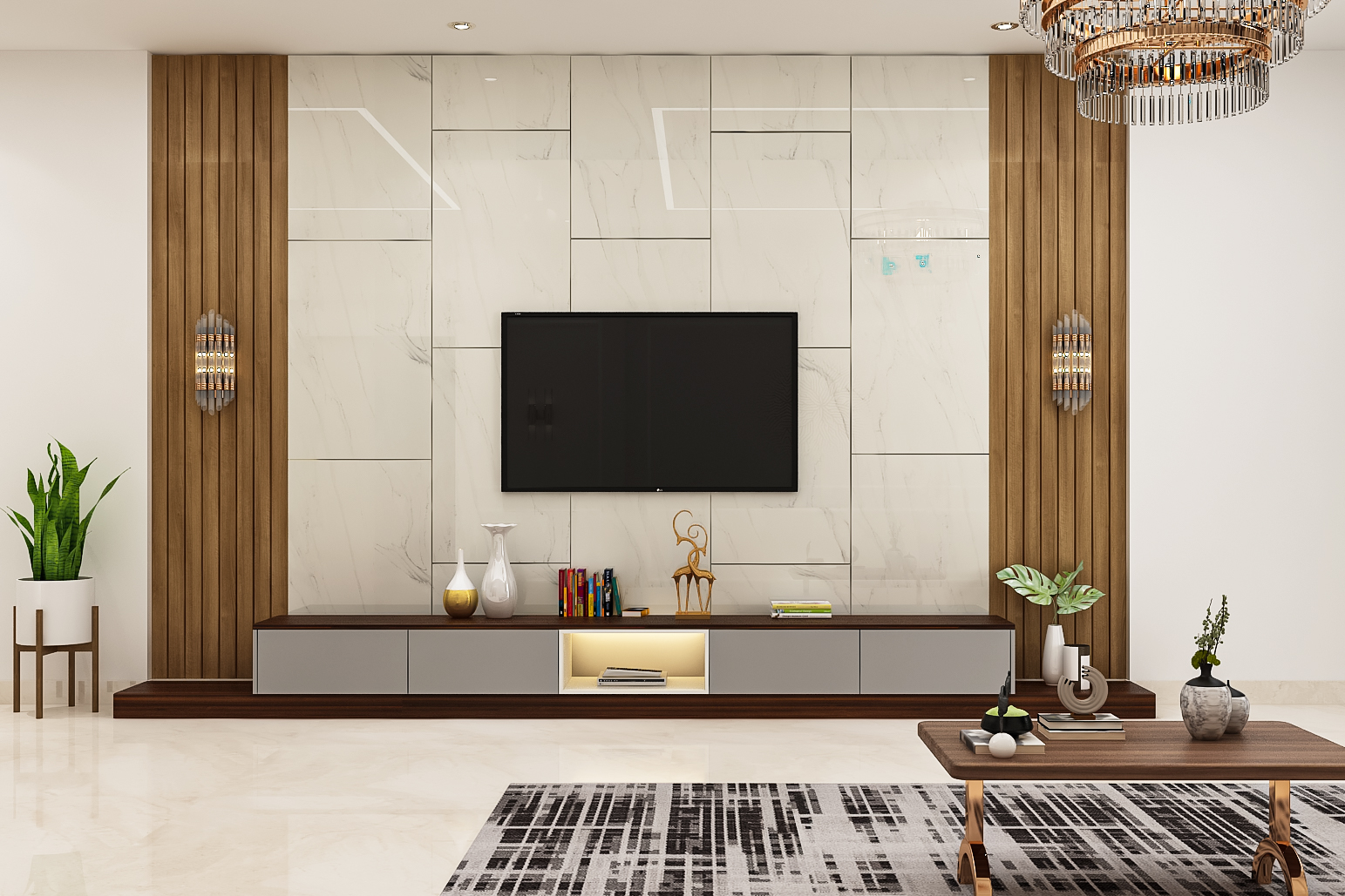 Premium TV Unit Design with Wooden Panels and Dark-Shaded Storage Unit ...