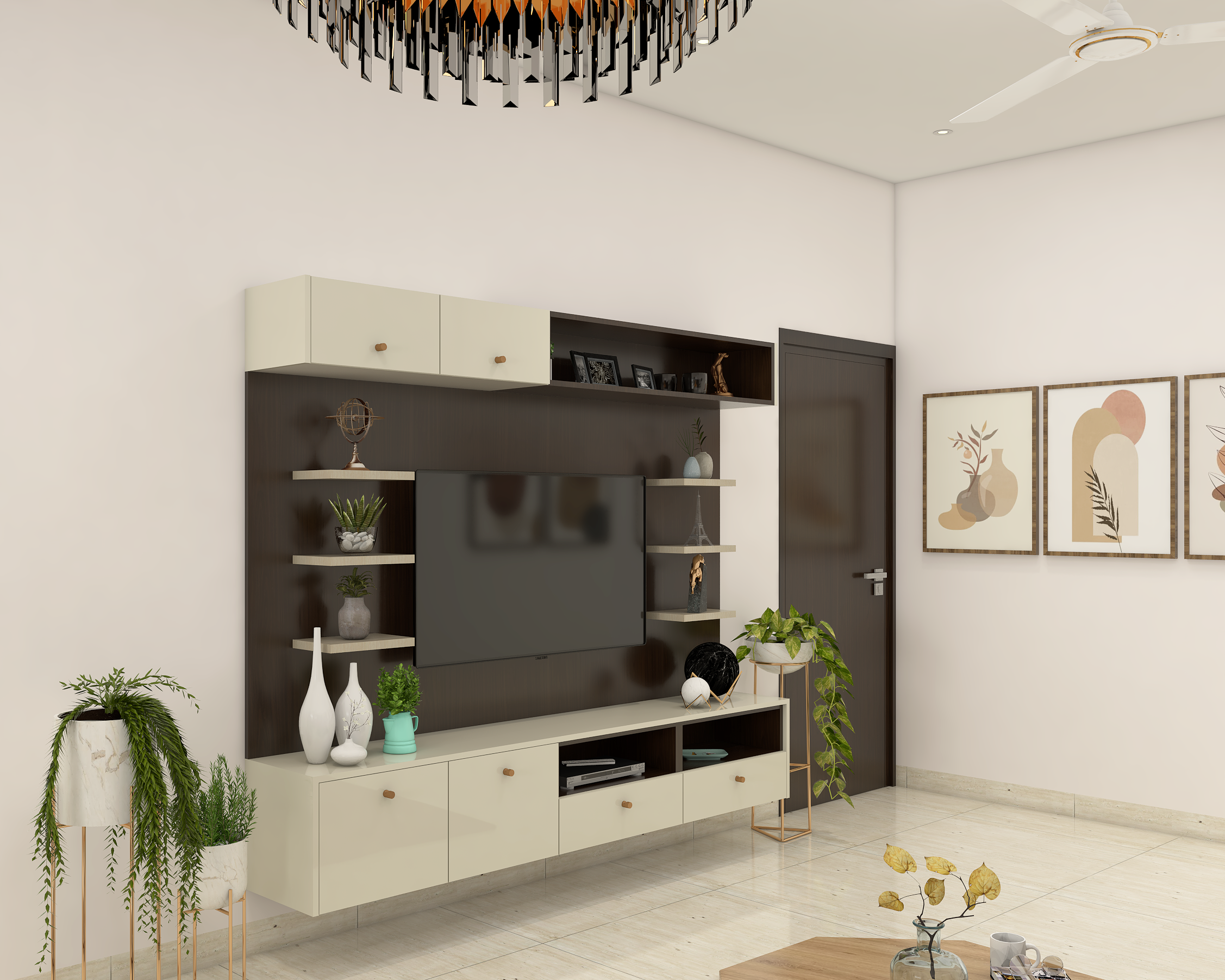 Glossy Beige Low Maintenance Modern Style TV Unit Design | Livspace